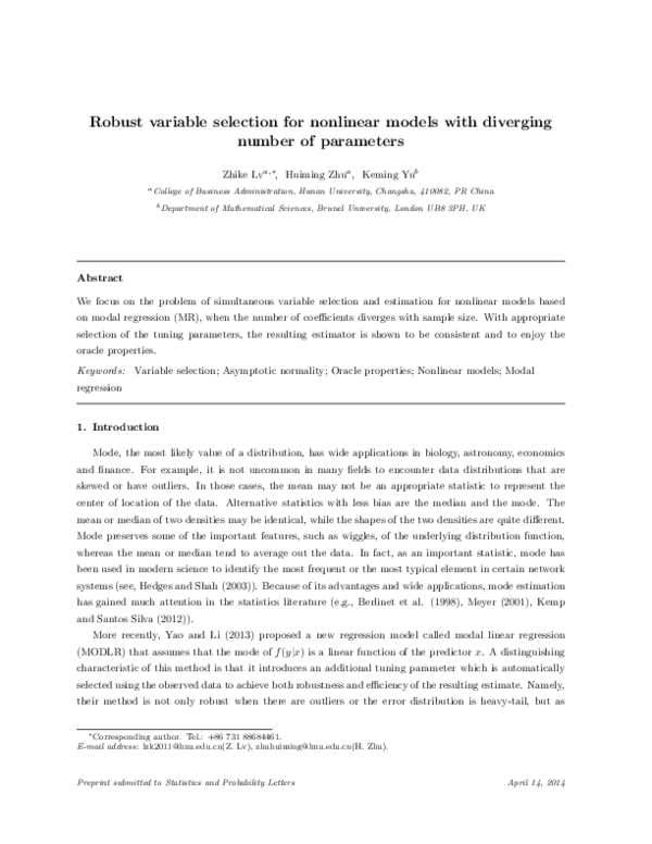 (PDF) Robust variable selection for nonlinear models with diverging number of parameters