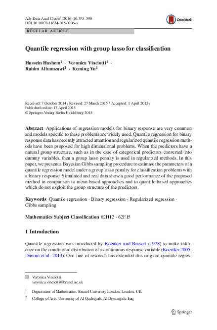 (PDF) Quantile regression with group lasso for classification