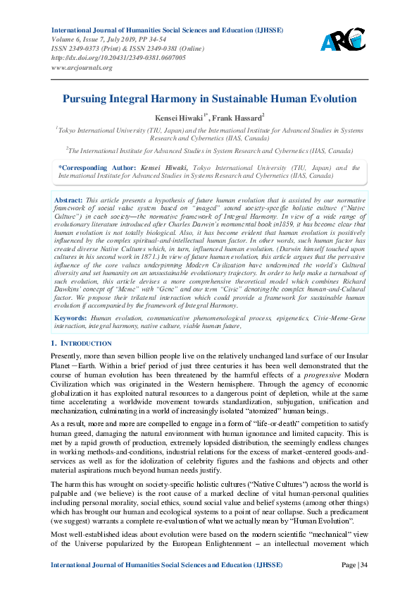 (PDF) Pursuing Integral Harmony in Sustainable Human Evolution