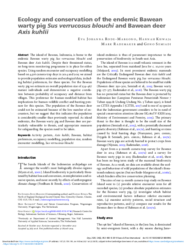 (PDF) Ecology and conservation of the endemic Bawean warty pig Sus ...