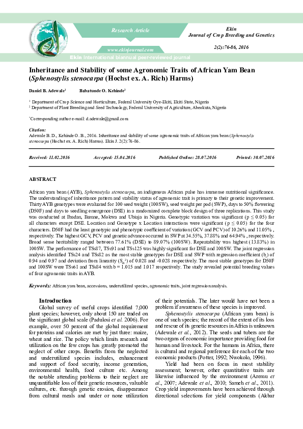 (PDF) Inheritance and Stability of some Agronomic Traits of African Yam Bean ...