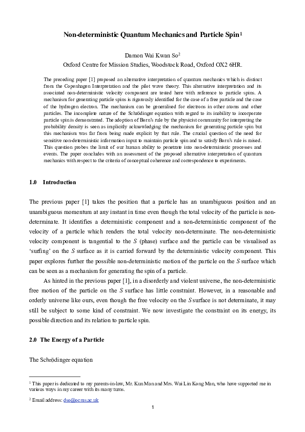 (PDF) Non-deterministic Quantum Mechanics and Particle Spin