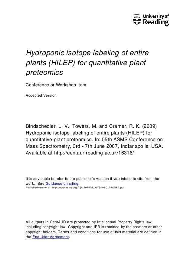 (PDF) Hydroponic isotope labeling of entire plants (HILEP) for ...