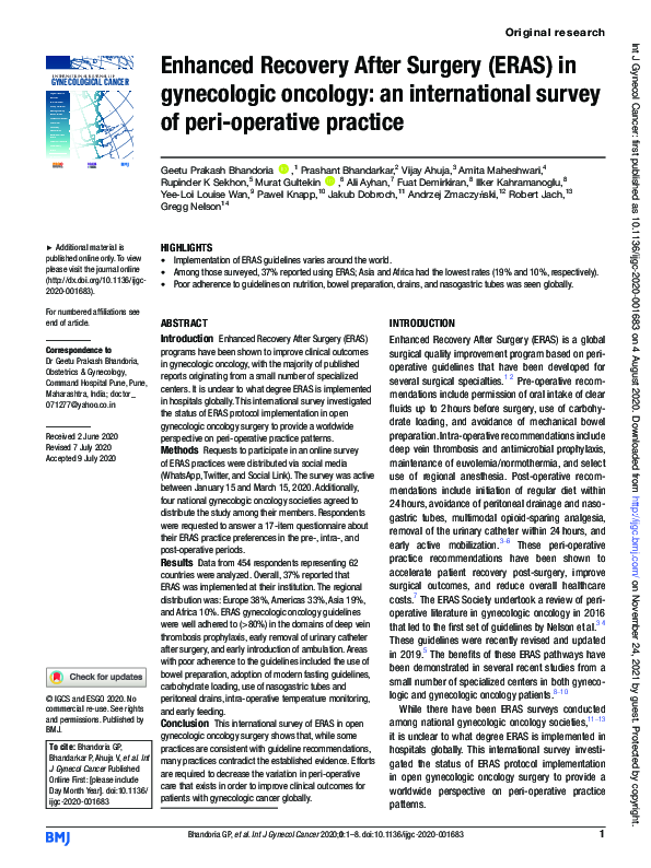 (PDF) Enhanced Recovery After Surgery (ERAS) in gynecologic oncology ...