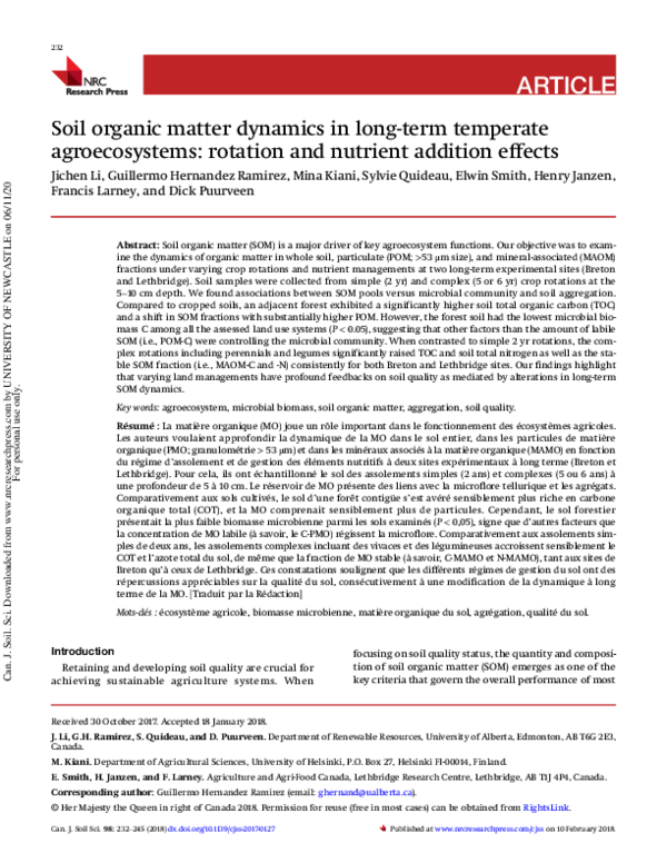 (PDF) Soil organic matter dynamics in long-term temperate agroecosystems: rotation and nutrient ...