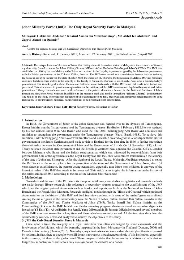 (PDF) Johor Military Force (Jmf): The Only Royal Security Force in Malaysia