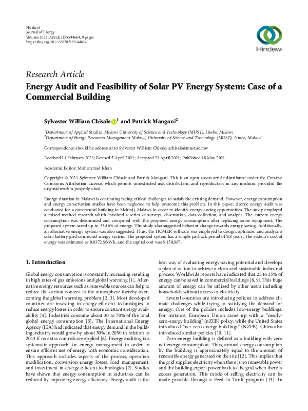 (PDF) Energy Audit and Feasibility of Solar PV Energy System: Case of a ...