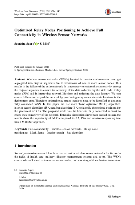 Pdf Optimized Relay Nodes Positioning To Achieve Full Connectivity In Wireless Sensor Networks