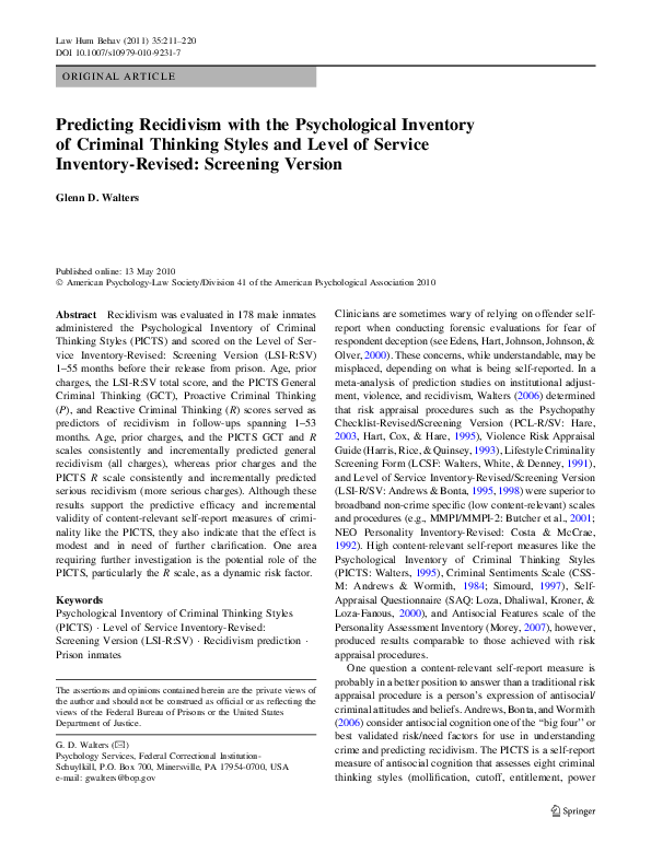 (PDF) Predicting recidivism with the Psychological Inventory of ...