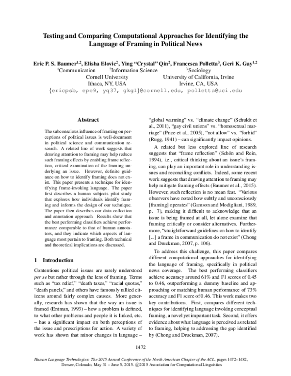 Pdf Identifying Framing In Political News Language