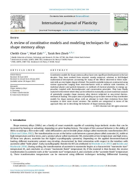 (PDF) A review of constitutive models and modeling techniques for shape ...