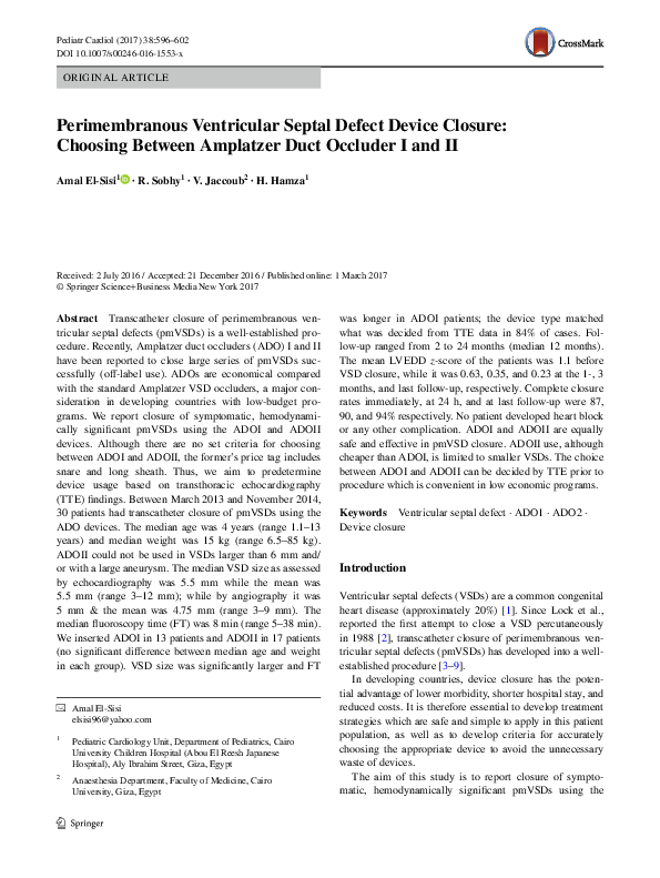 (PDF) Perimembranous Ventricular Septal Defect Device Closure: Choosing ...