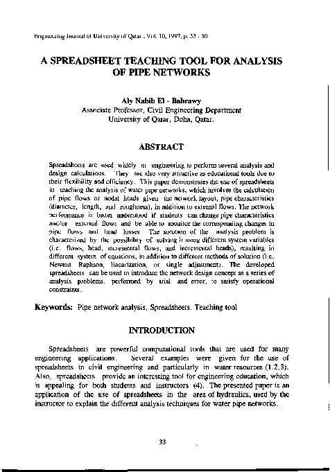 (PDF) A Spreadsheet Teaching Tool For Analysis Of Pipe Networks