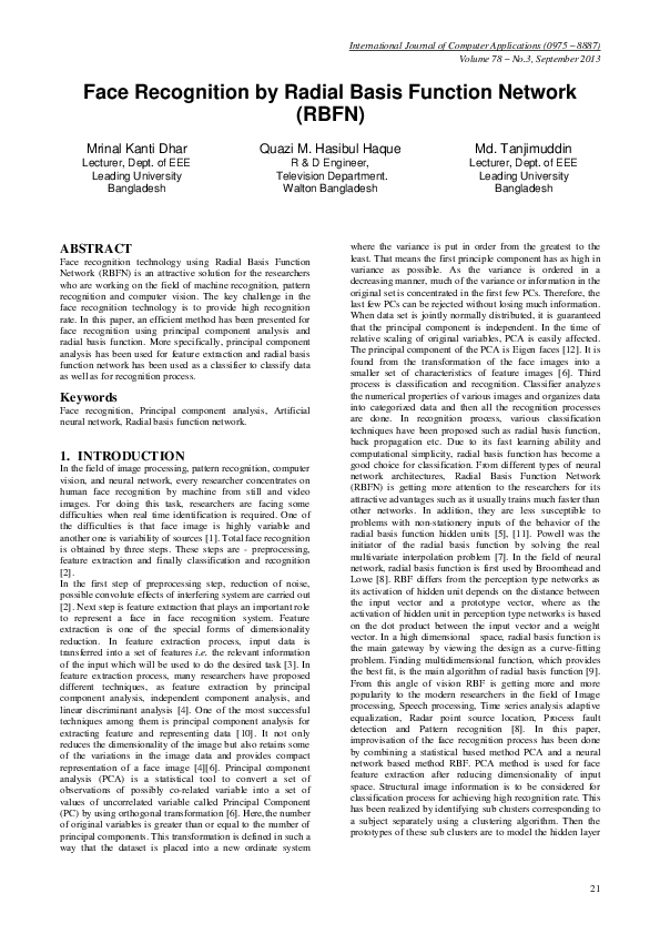 Pdf Face Recognition By Radial Basis Function Network Rbfn