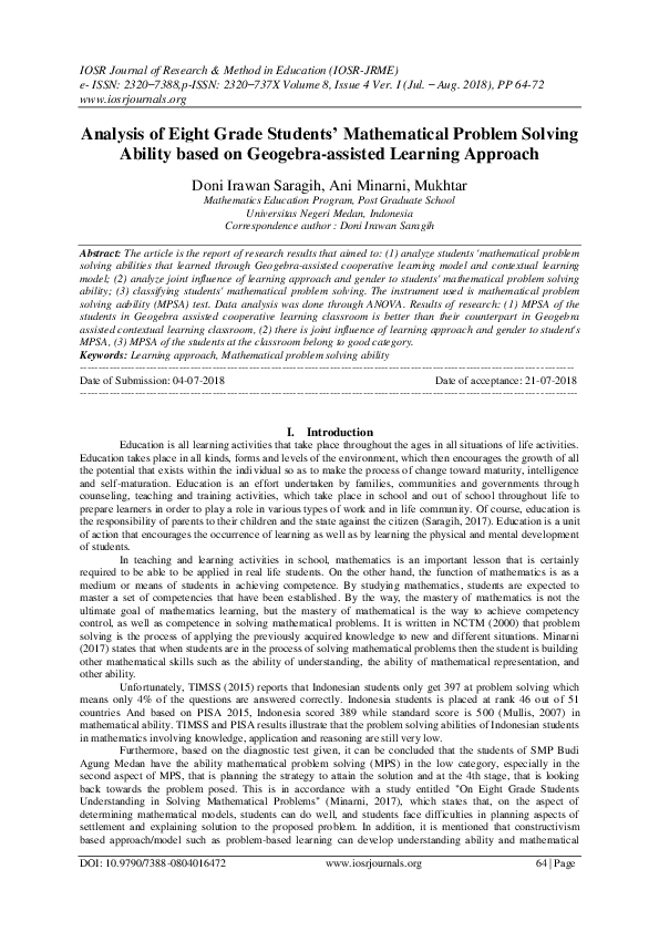 (PDF) Analysis of Eight Grade Students ’ Mathematical Problem Solving Ability based on Geogebra ...