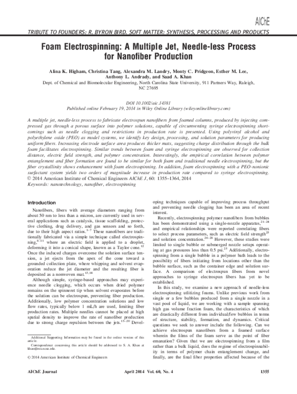 (PDF) Foam electrospinning: A multiple jet, needle-less process for nanofiber production