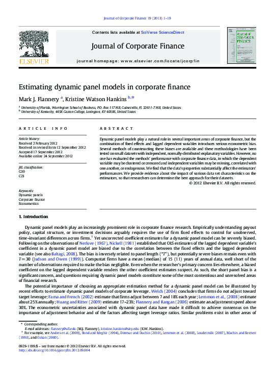 (PDF) Estimating dynamic panel models in corporate finance