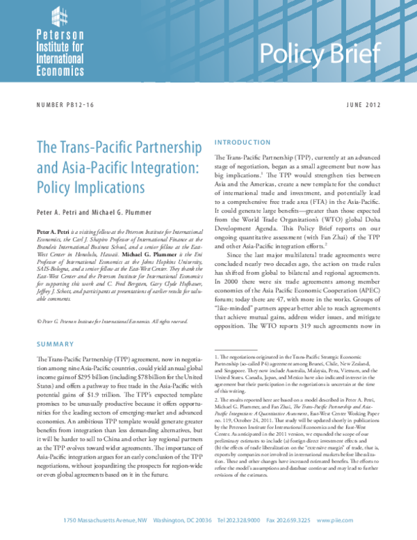 Pdf The Trans Pacific Partnership And Asia Pacific Integration