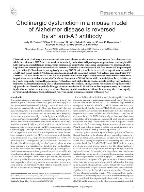 (PDF) Cholinergic dysfunction in a mouse model of Alzheimer disease is ...