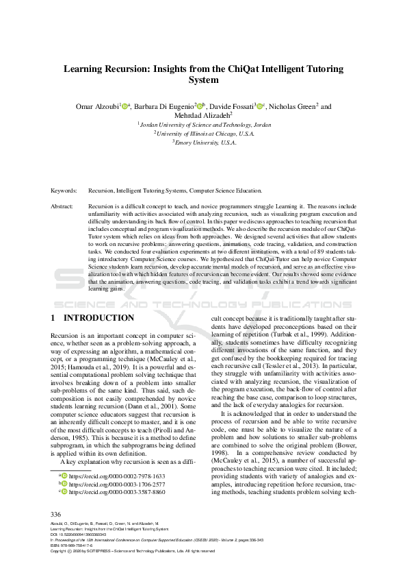 (PDF) Learning Recursion: Insights from the ChiQat Intelligent Tutoring System