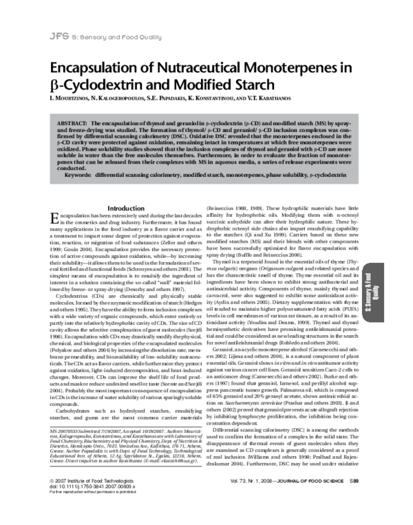 (PDF) Encapsulation of Nutraceutical Monoterpenes in β‐Cyclodextrin and ...