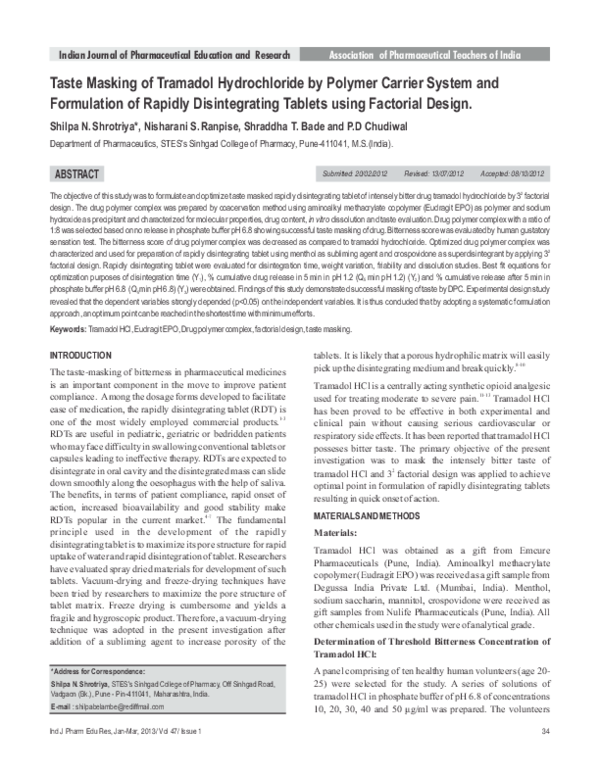 (PDF) Taste Masking of Tramadol Hydrochloride by Polymer Carrier System ...