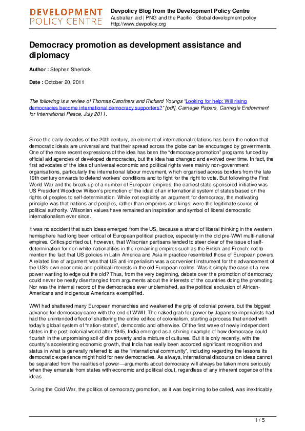 (PDF) Democracy promotion as development assistance and diplomacy