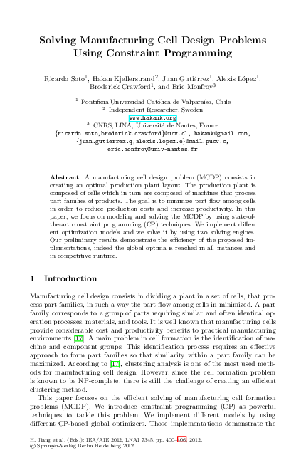 (PDF) Solving manufacturing cell design problems using constraint programming