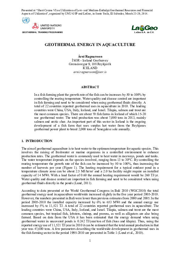 (PDF) Geothermal energy in aquaculture