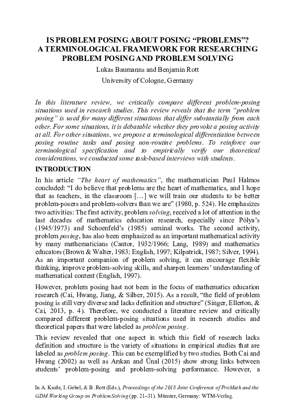(PDF) Is problem posing about posing “problems”? A terminological framework for researching ...