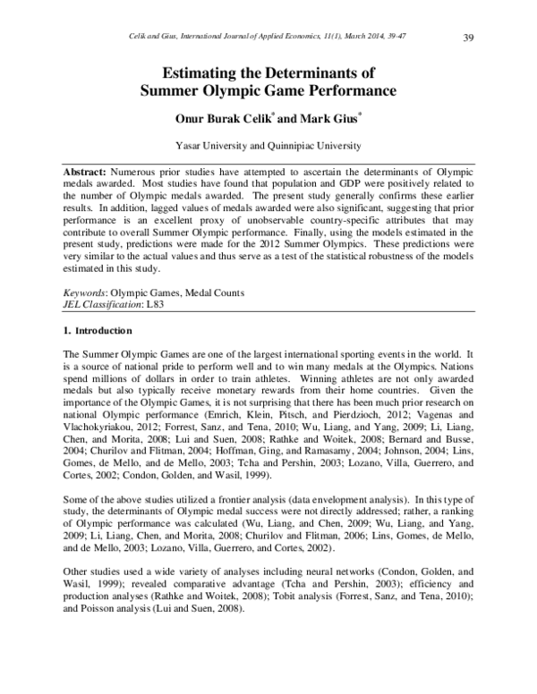 (PDF) Estimating the Determinants of Summer Olympic Game Performance
