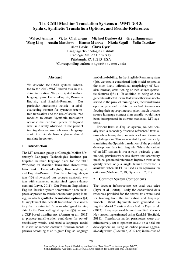Pdf The Cmu Machine Translation Systems At Wmt 2013 Syntax Synthetic Translation Options