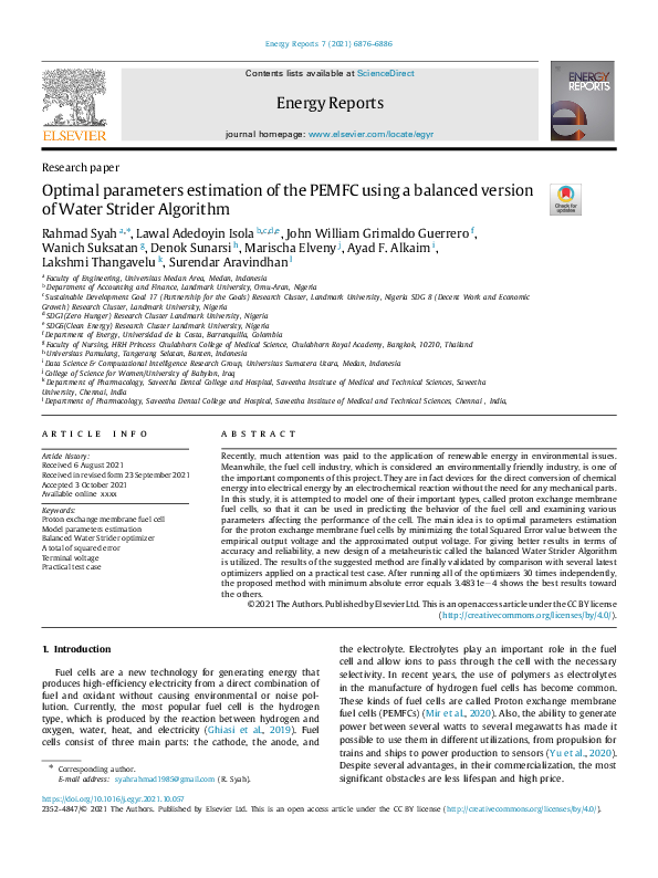 Pdf Optimal Parameters Estimation Of The Pemfc Using A Balanced Version Of Water Strider Algorithm