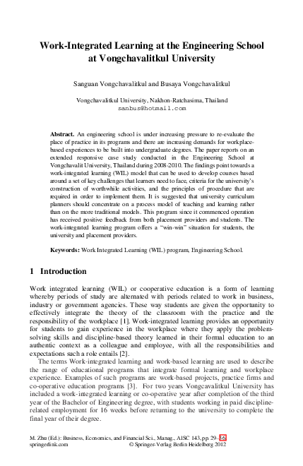 (PDF) Work-Integrated Learning at the Engineering School at Vongchavalitkul University