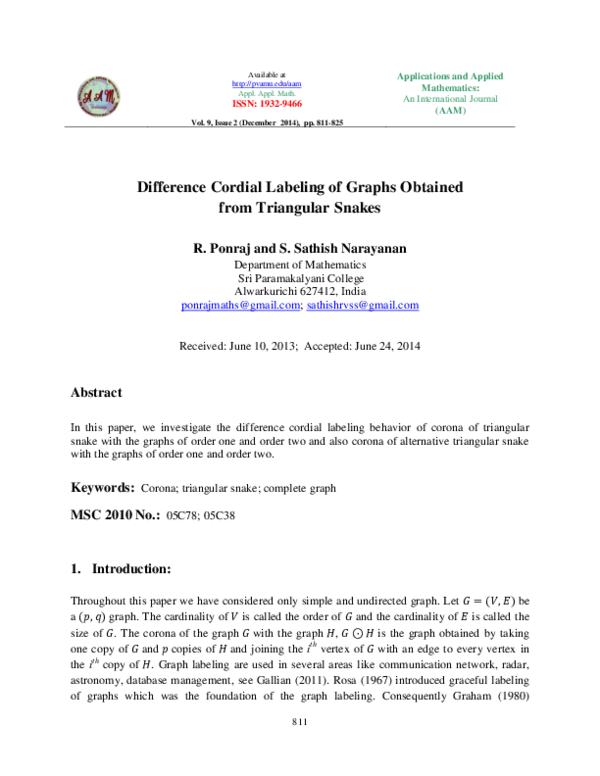 (PDF) Difference Cordial Labeling of Graphs Obtained from Triangular Snakes | S. Sathish ...