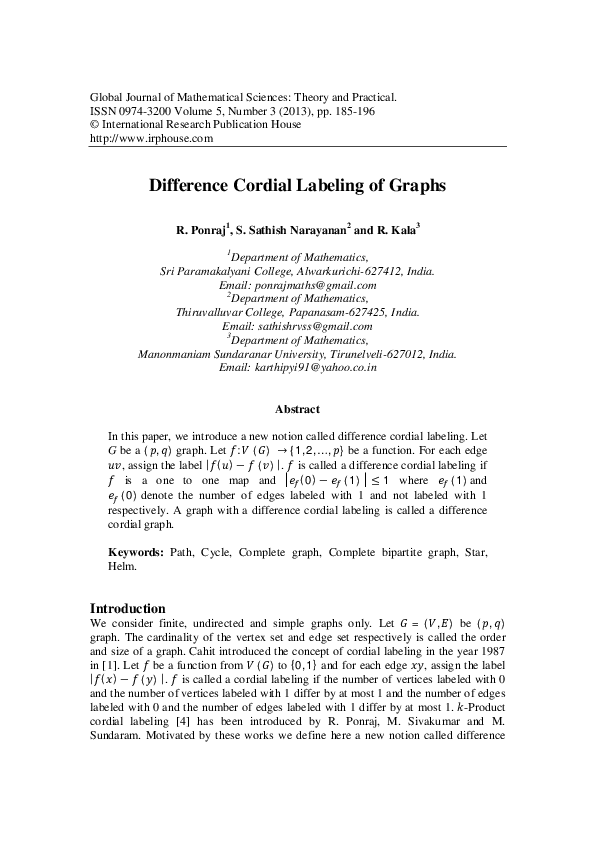 (PDF) Difference Cordial Labeling of Graphs | S. Sathish Narayanan ...