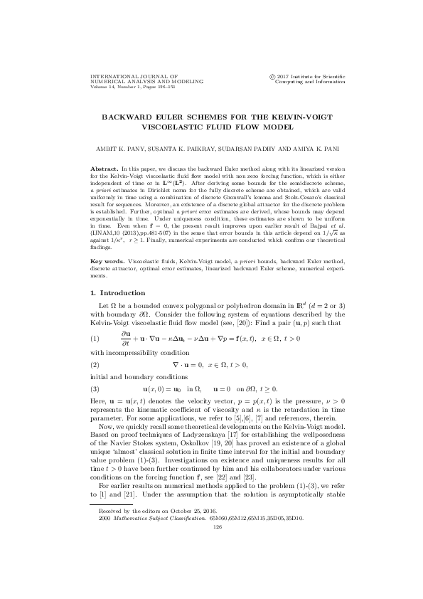 (PDF) Backward Euler Schemes for the Kelvin-Voigt Viscoelastic Fluid Flow Model