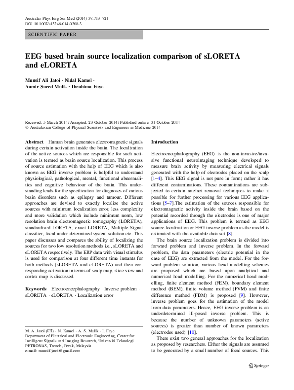 Pdf Eeg Based Brain Source Localization Comparison Of Sloreta And Eloreta