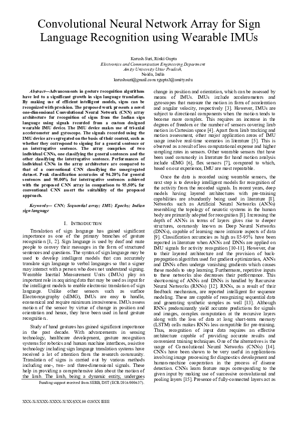 Pdf Convolutional Neural Network Array For Sign Language Recognition Using Wearable Imus