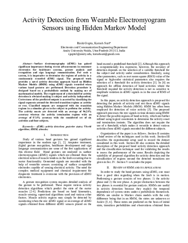 (PDF) Activity Detection from Wearable Electromyogram Sensors using Hidden Markov Model