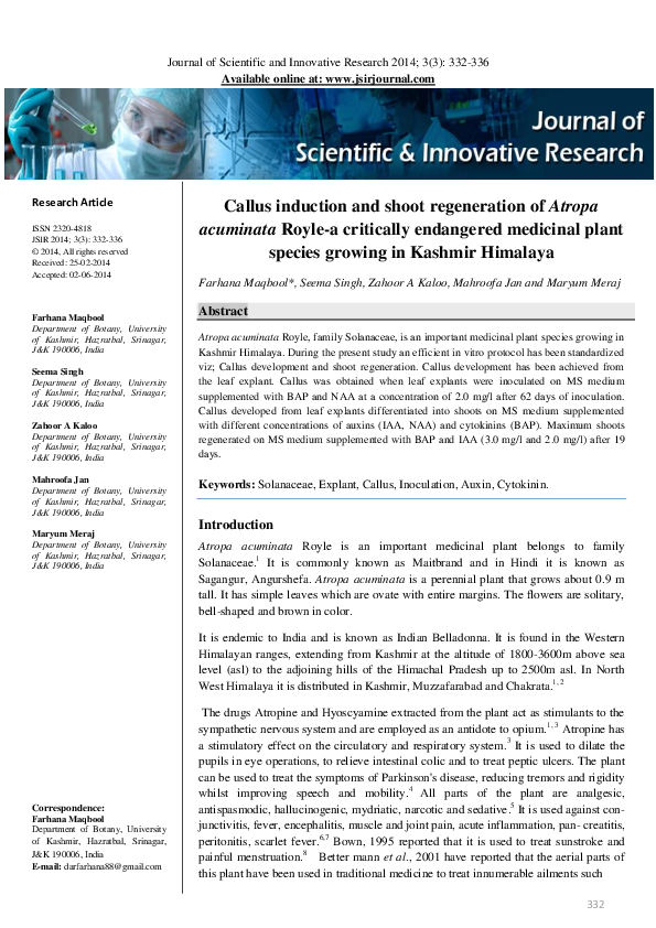 (PDF) Callus induction and shoot regeneration of Atropa acuminata Royle ...