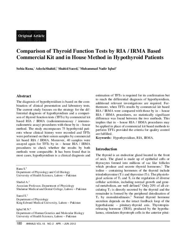 (PDF) Comparison of Thyroid Function Tests by RIA/IRMA based Commercial ...
