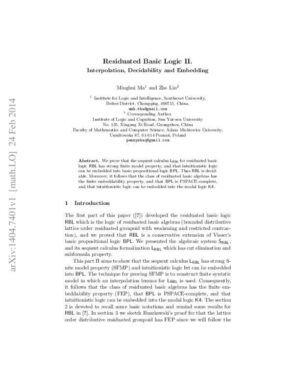 (PDF) Residuated Basic Logic II. Interpolation, Decidability and Embedding