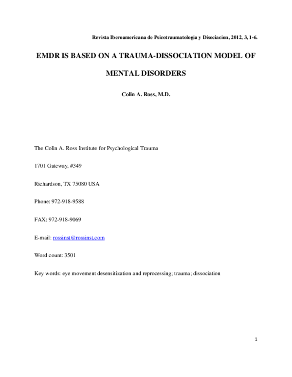 (PDF) EMDR IS BASED ON A TRAUMA-DISSOCIATION MODEL OF MENTAL DISORDERS