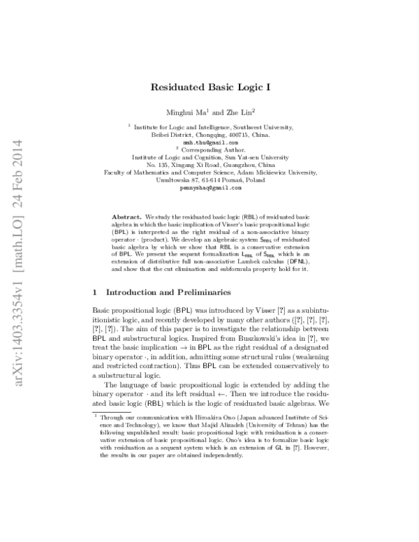 (PDF) Residuated Basic Logic I