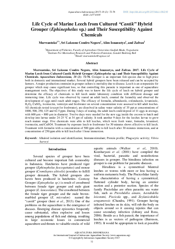 (PDF) Life Cycle of Marine Leech from Cultured Cantik Hybrid Grouper ...