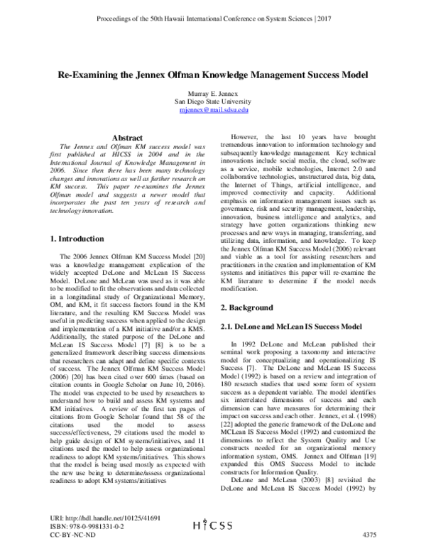 (PDF) Re-Examining the Jennex Olfman Knowledge Management Success Model