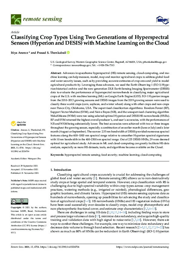Pdf Classifying Crop Types Using Two Generations Of Hyperspectral Sensors Hyperion And Desis