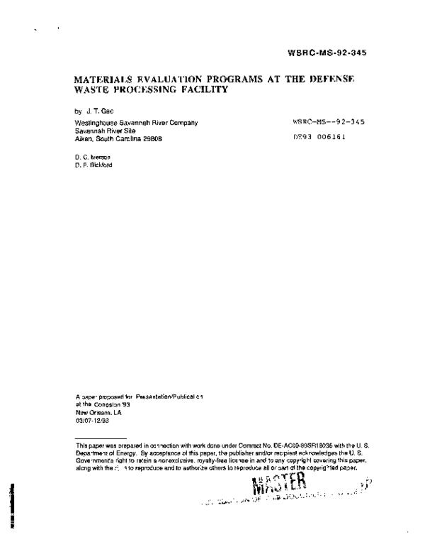 (PDF) Materials evaluation programs at the Defense Waste Processing ...