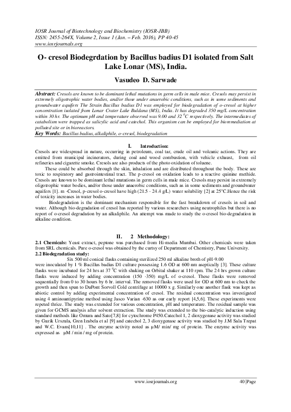 (PDF) O- cresol Biodegrdation by Bacillus badius D1 isolated from Salt ...